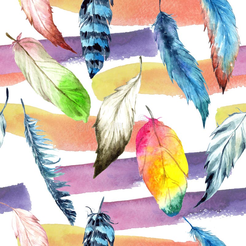 Watercolor Bird Feather from Wing. Seamless Background Pattern. Fabric ...