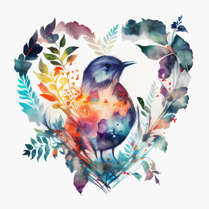 Watercolor Bird in Floral Heart on White Background. Generative Ai ...