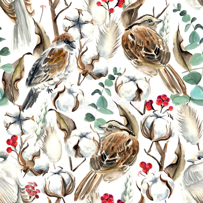 Watercolor Birds and Cotton Seamless Pattern Stock Illustration ...