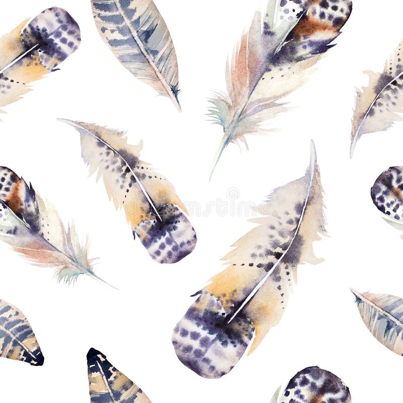 Watercolor Birds Feathers Pattern. Seamless Stock Illustration ...