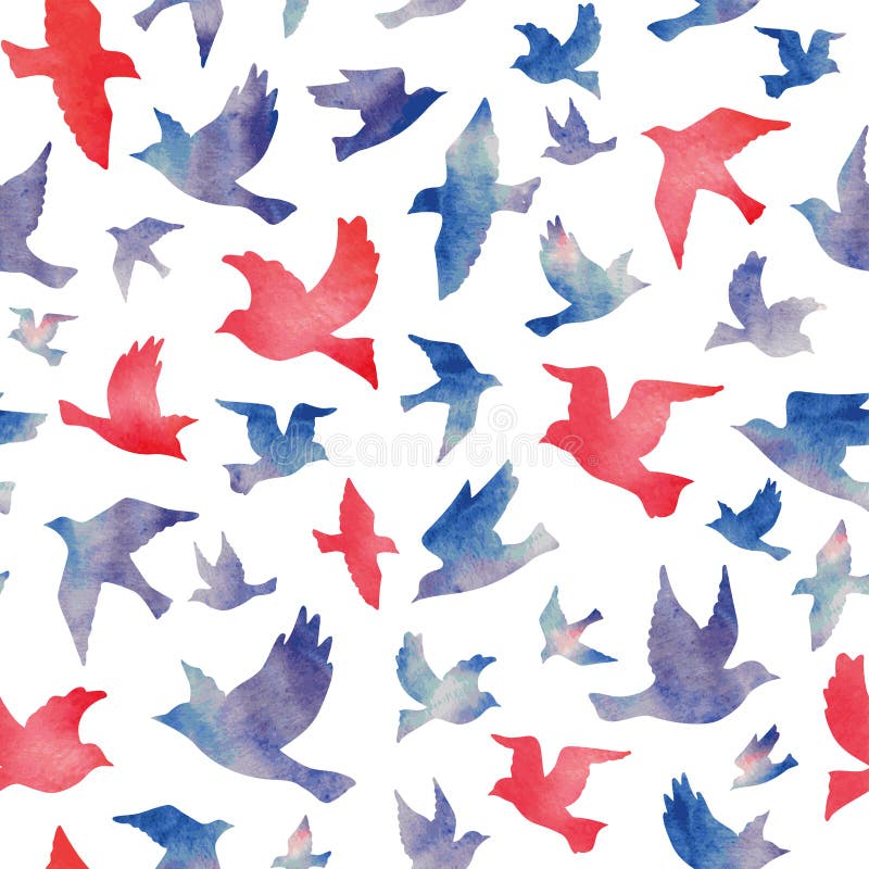 Watercolor Birds Seamless Vector Pattern, Blue and Red. Stock Vector ...