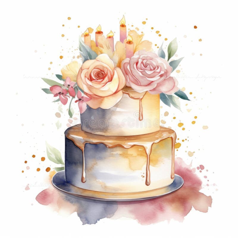 Watercolor Birthday Cake. Illustration AI Generative Stock Illustration ...
