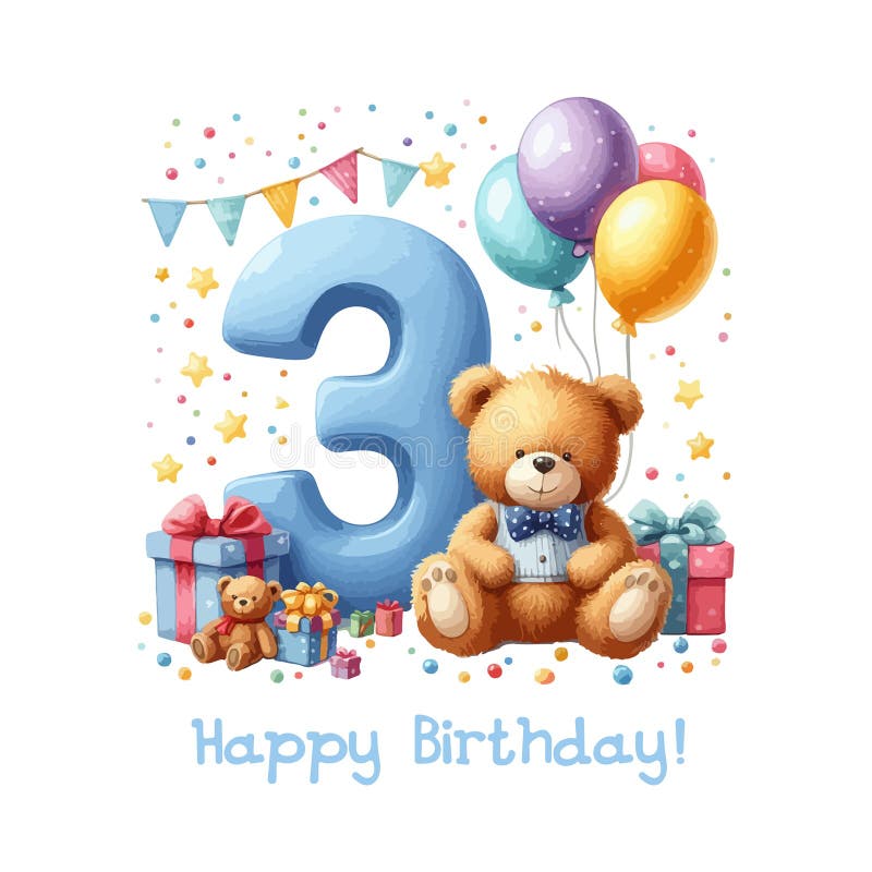 Watercolor Birthday Card with Big Number Three and Gift Boxes. Stock ...