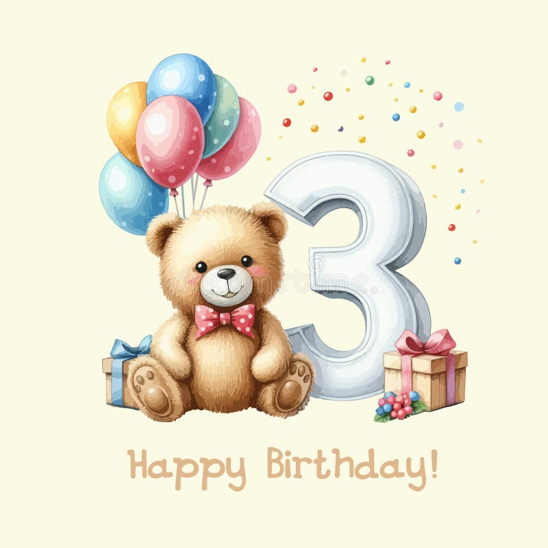Watercolor Birthday Card with Big Number Three and Gift Boxes. Stock ...