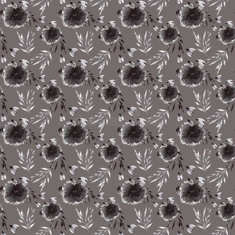 Watercolor Black and White Seamless Pattern with Plants and Beetles ...