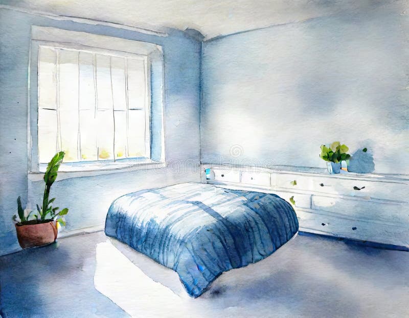 Watercolor of Blue Bed with White Bedroom Front Stock Illustration ...