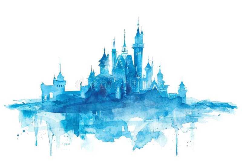 Watercolor Blue Castle Isolated Stock Illustration - Illustration of ...