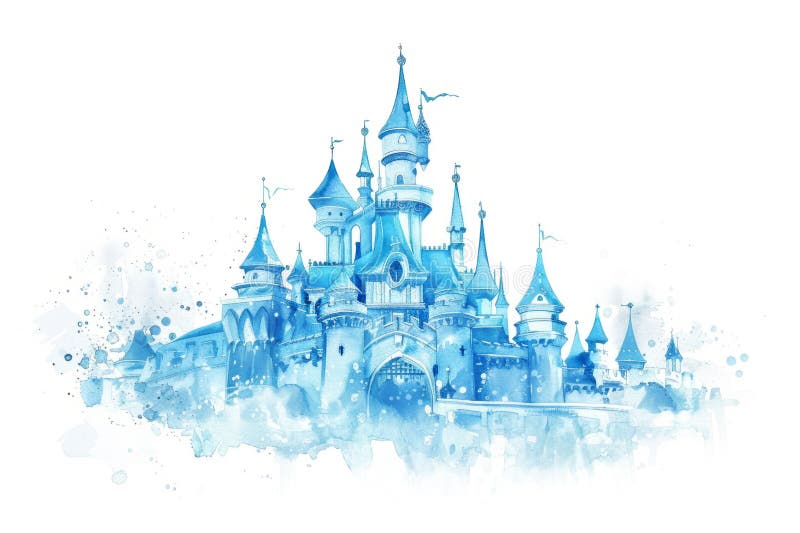 Watercolor Blue Castle Isolated Stock Illustration - Illustration of ...