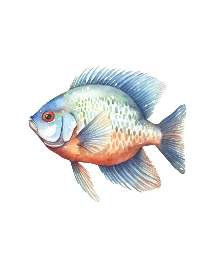 Watercolor Blue Fish Isolated on White Background. Stock Illustration ...