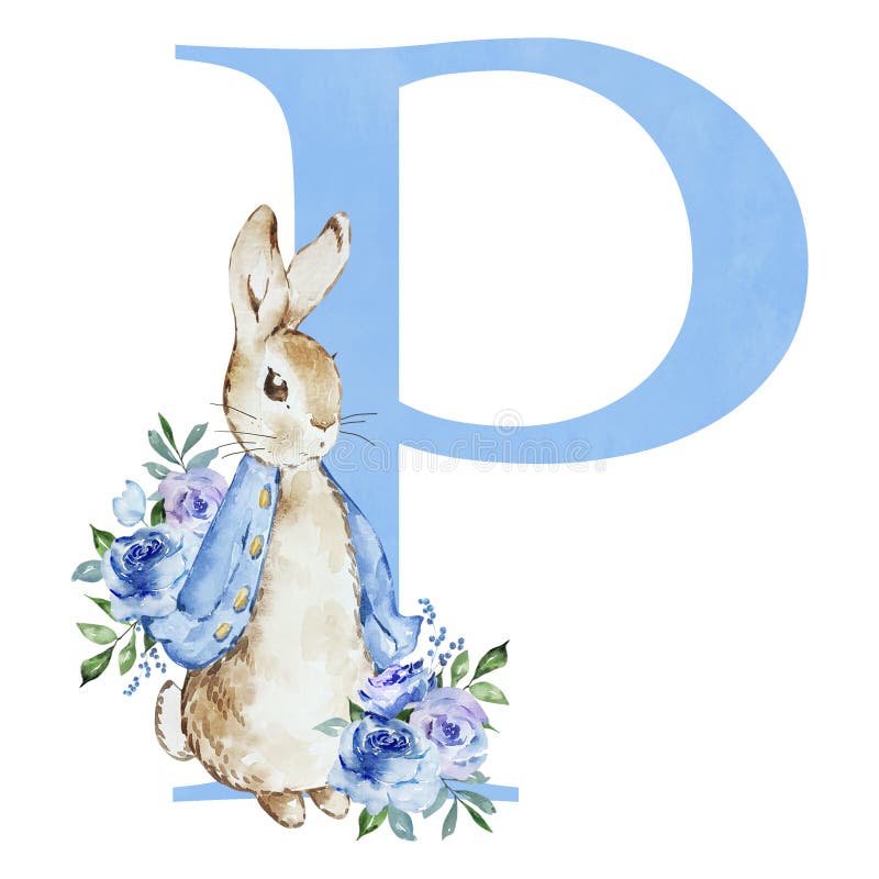 Watercolor Blue Letter P with Peter Rabbit Stock Illustration ...