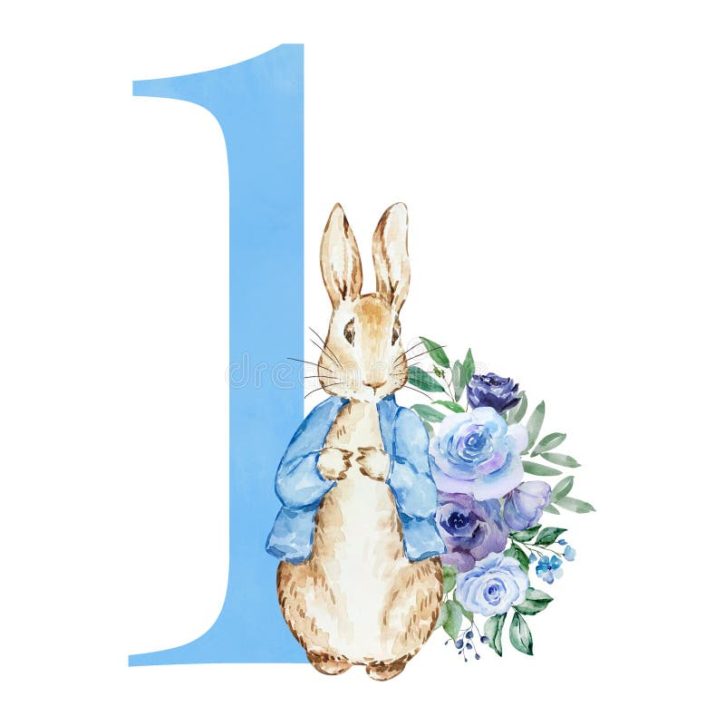 Watercolor Blue Number 1 with Peter Rabbit Stock Illustration ...