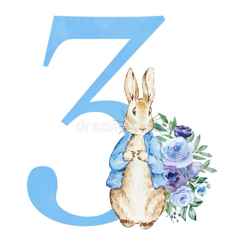 Watercolor Blue Number 3 with Peter Rabbit Stock Illustration ...