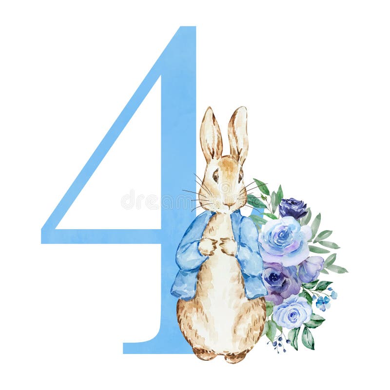 Watercolor Blue Number 4 with Peter Rabbit Stock Illustration ...