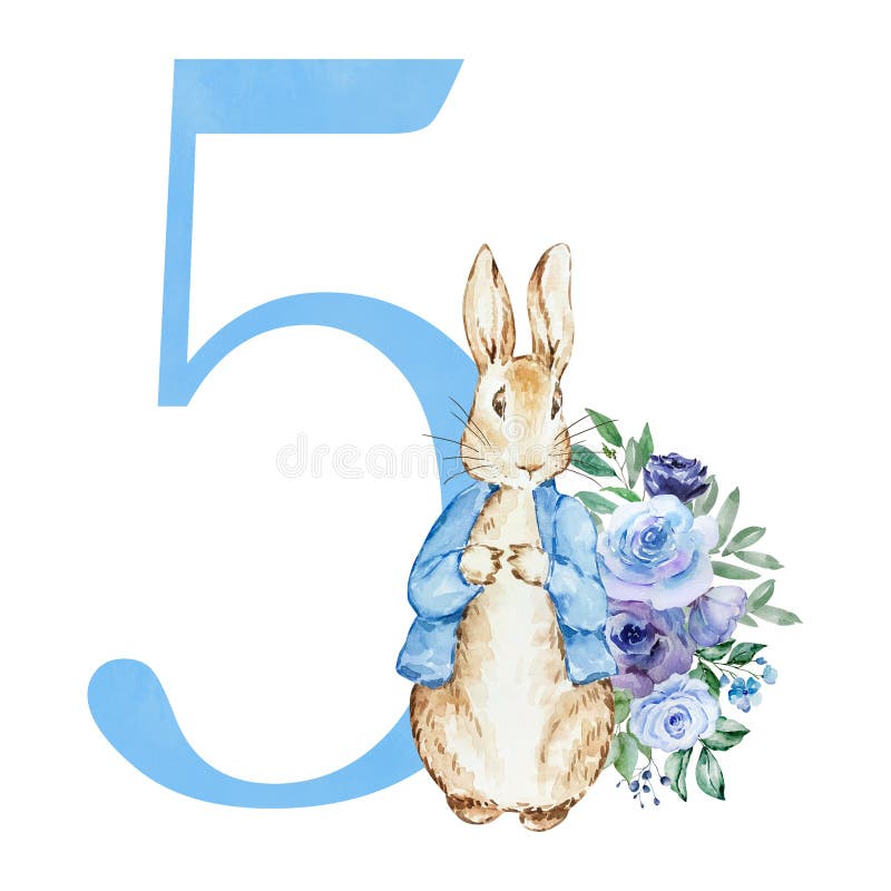 Watercolor Blue Number 5 with Peter Rabbit Stock Illustration ...