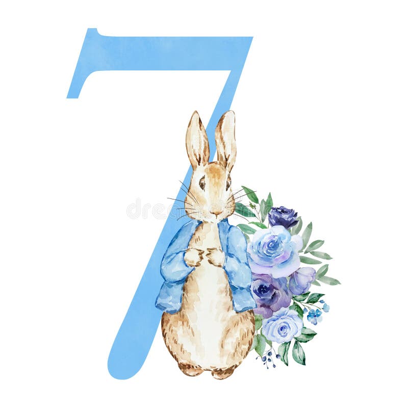 Watercolor Blue Number 7 with Peter Rabbit Stock Illustration ...
