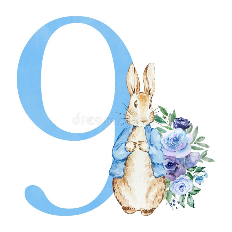 Watercolor Blue Number 9 with Peter Rabbit Stock Illustration ...