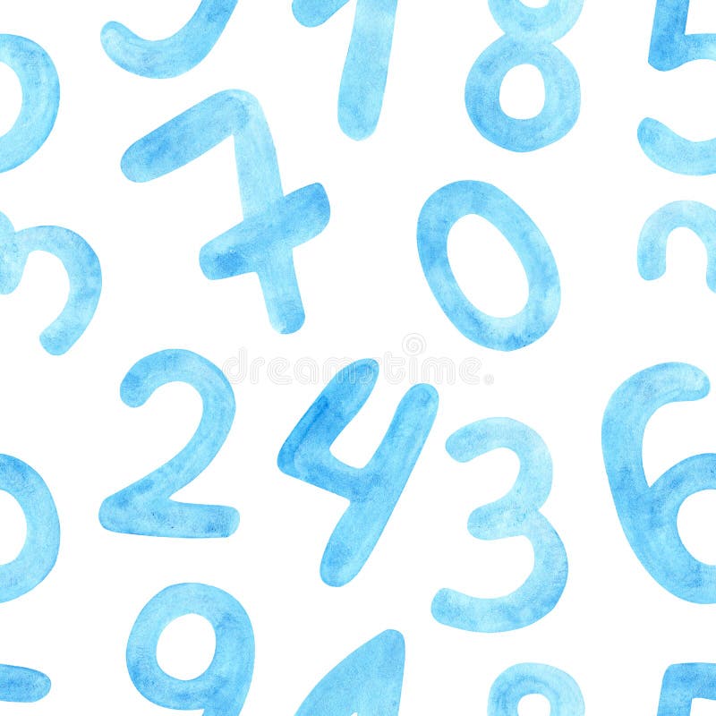 Watercolor Blue Numbers Seamless Pattern on White Background Stock ...