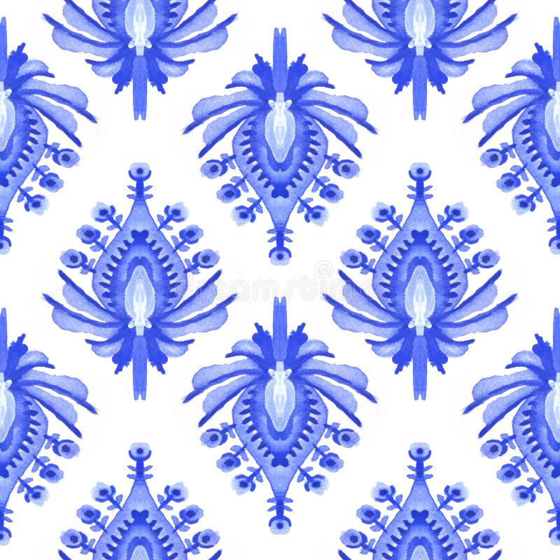 Watercolor Blue Patterns in Gzhel Style Geometric Seamless Pattern 01 ...