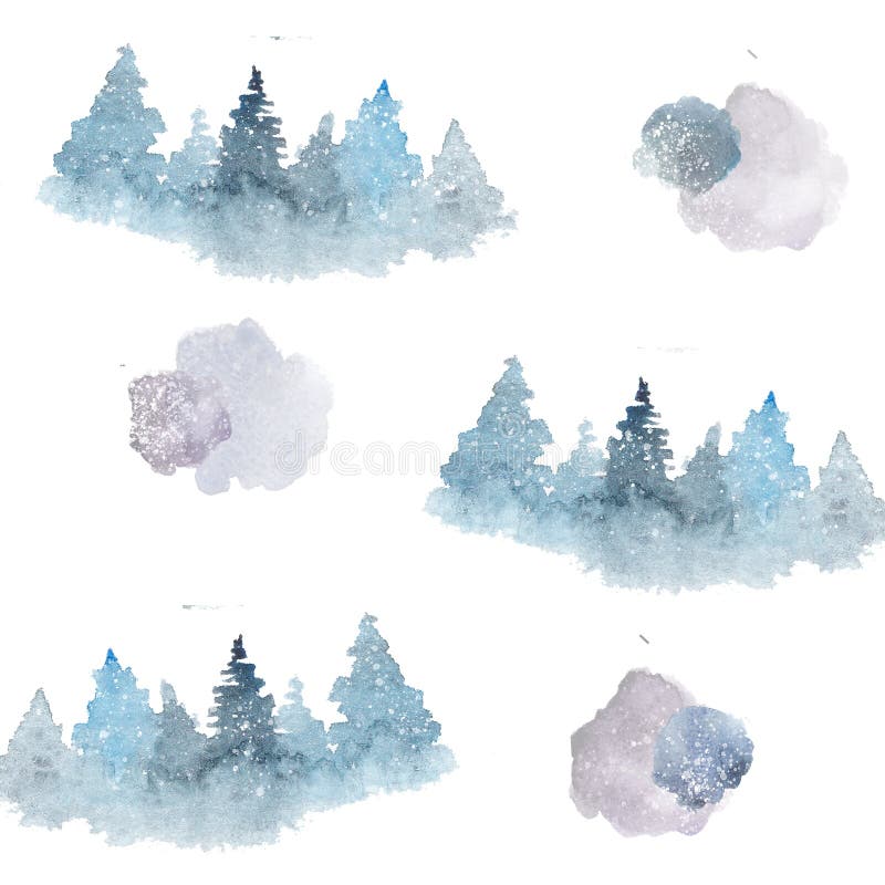 Watercolor Blue Pine Spruce Forest with Watercolor Splach Seamless ...
