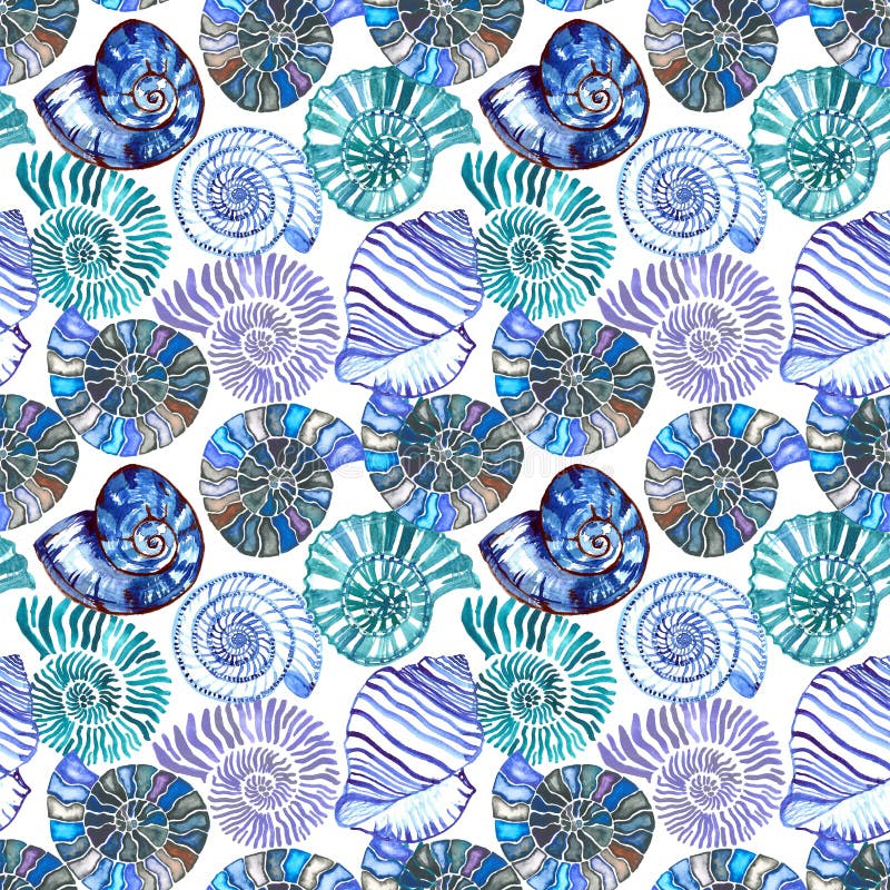 Watercolor Blue Seashells Seamless Pattern Stock Illustration ...