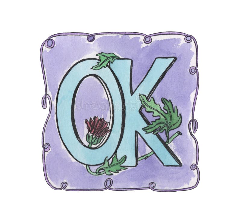 Watercolor Blue Sign OK with Green Flower Elements Stock Illustration ...