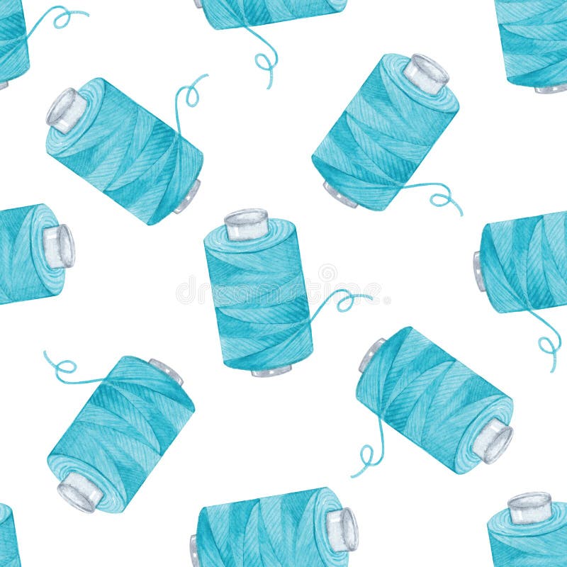 Watercolor Blue Thread Bobbin Seamless Pattern on White Stock ...