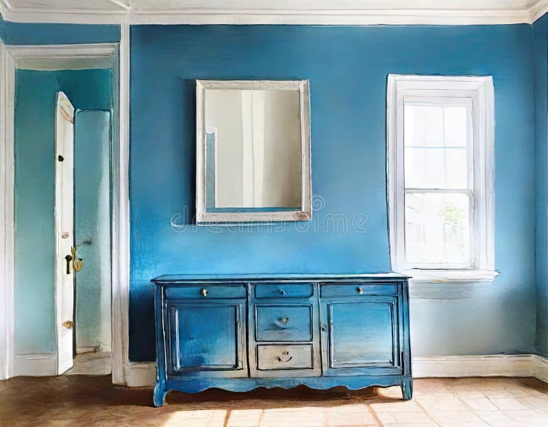 Watercolor of Blue Wall Commode Decor in Living Stock Illustration ...