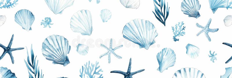 Watercolor Blue and White Aesthetic Background with Seashells and ...