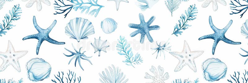 Watercolor Blue and White Aesthetic Background with Seashells and ...