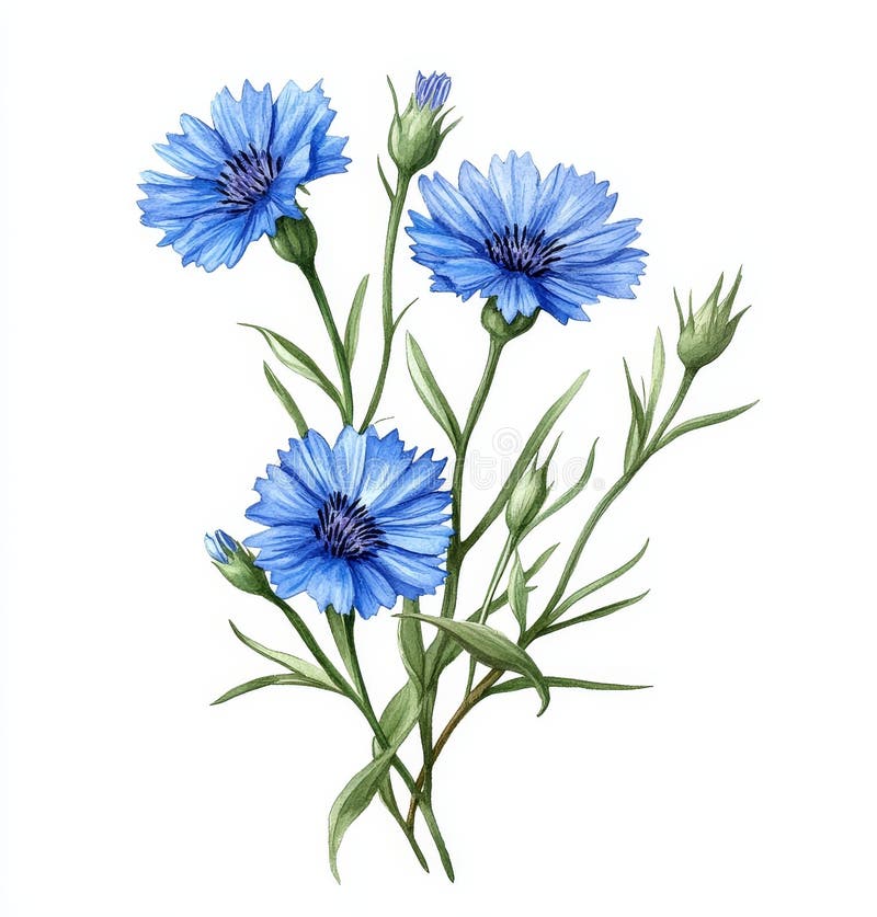 A Watercolor of Blue Wildflowers is Shown in Isolation on a White ...