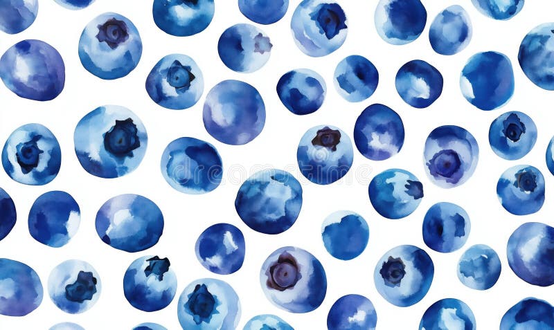 Watercolor Blueberries Pattern with Various Shades of Blue and White ...