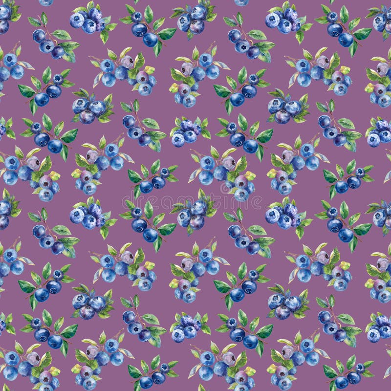 Watercolor Blueberries Seamless Pattern on Lilac Stock Illustration ...