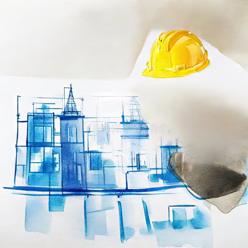 Watercolor of Blueprint with a Hard Hat Sitting on Stock Illustration ...
