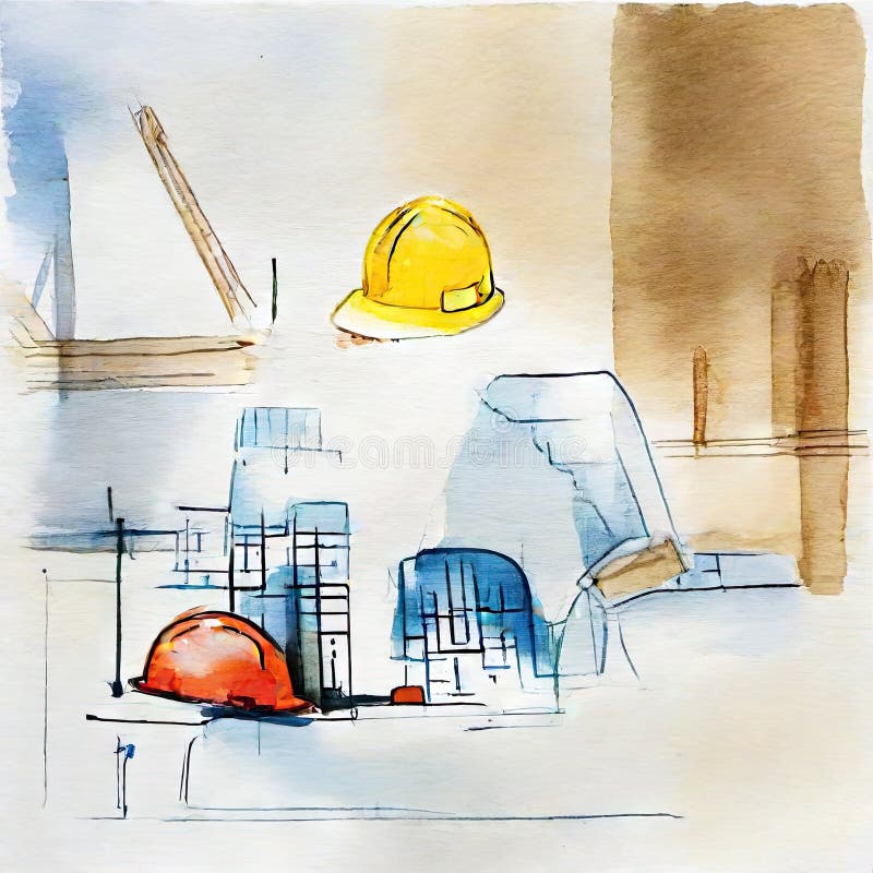 Watercolor of Blueprint with a Hard Hat Sitting on Stock Illustration ...
