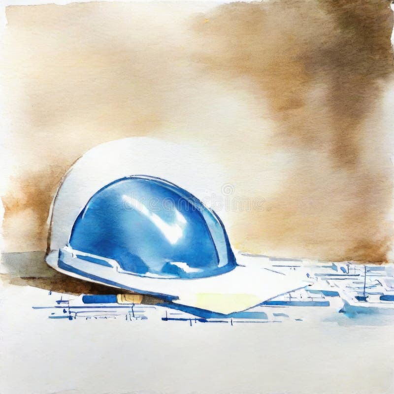 Watercolor of Blueprint with a Hard Hat Sitting on Stock Illustration ...