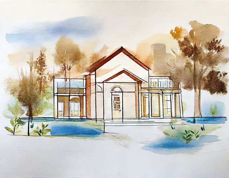 Watercolor of Blueprint Plan of a Residential Construction Project in ...