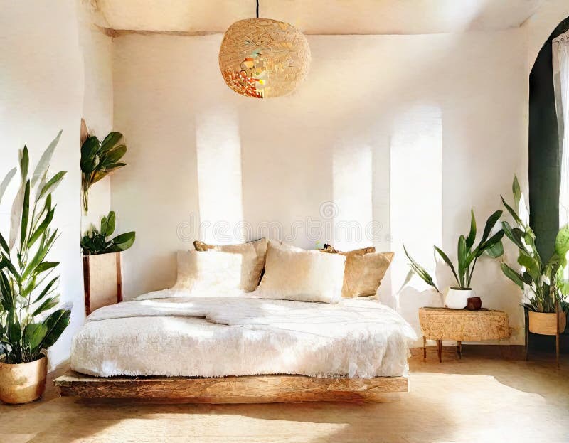 Watercolor of Boho Bedroom with Bed and Stock Illustration ...