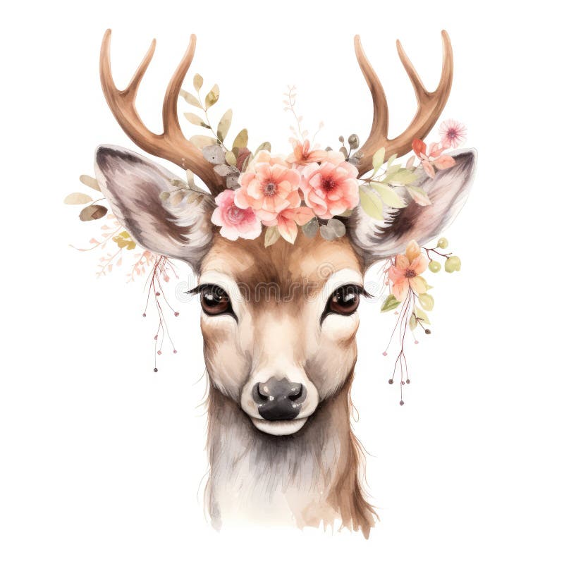 Watercolor Boho Deer with Flower Illustration, Generative Ai Stock ...