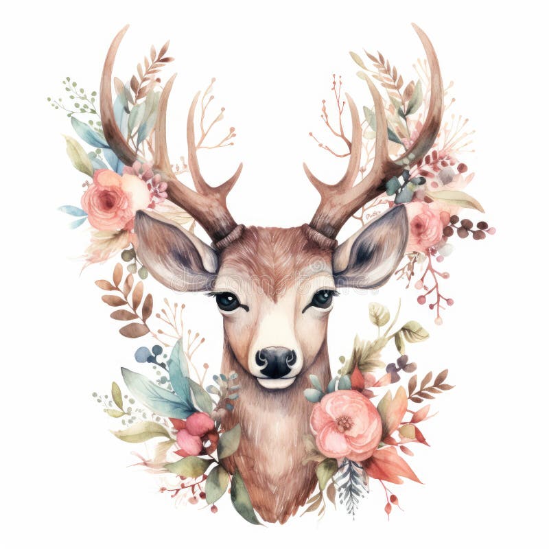 Watercolor Boho Deer with Flower Illustration, Generative Ai Stock ...