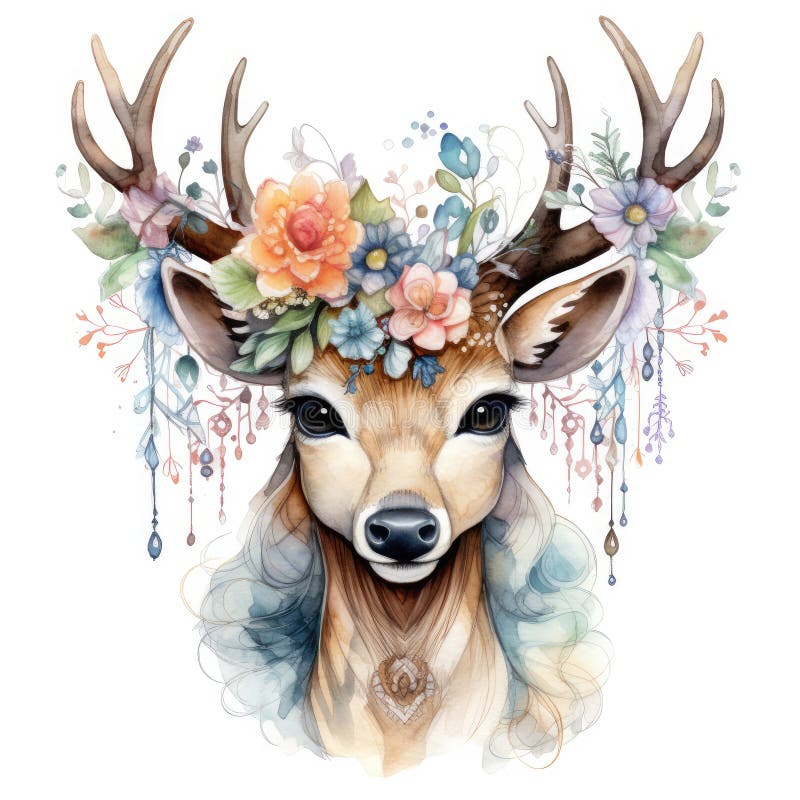 Watercolor Boho Deer with Flower Illustration, Generative Ai Stock ...
