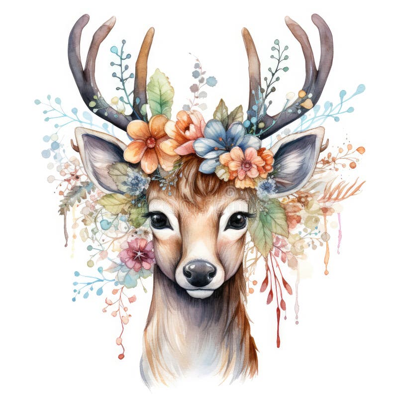 Watercolor Boho Deer with Flower Illustration, Generative Ai Stock ...