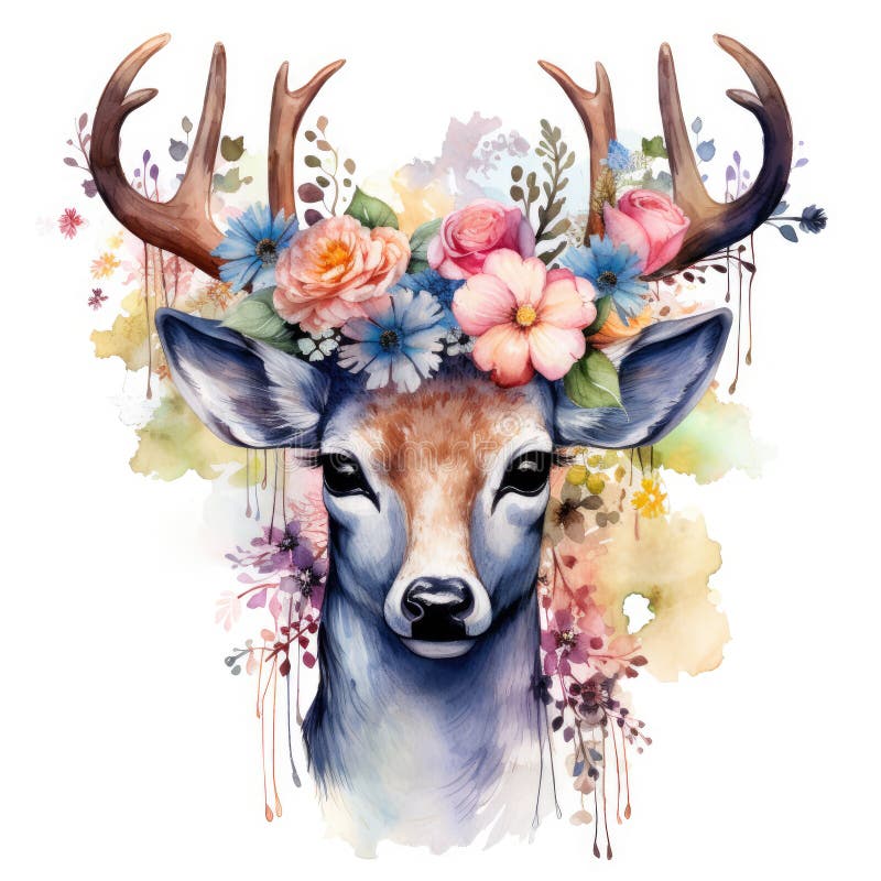 Watercolor Boho Deer with Flower Illustration, Generative Ai Stock ...