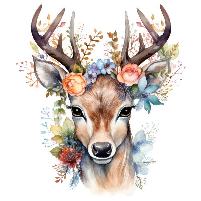 Watercolor Boho Deer with Flower Illustration, Generative Ai Stock ...