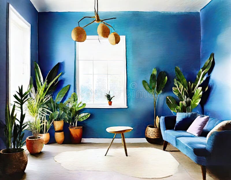 Watercolor of Boho Living Room with Blue Wall Decor As Stock ...