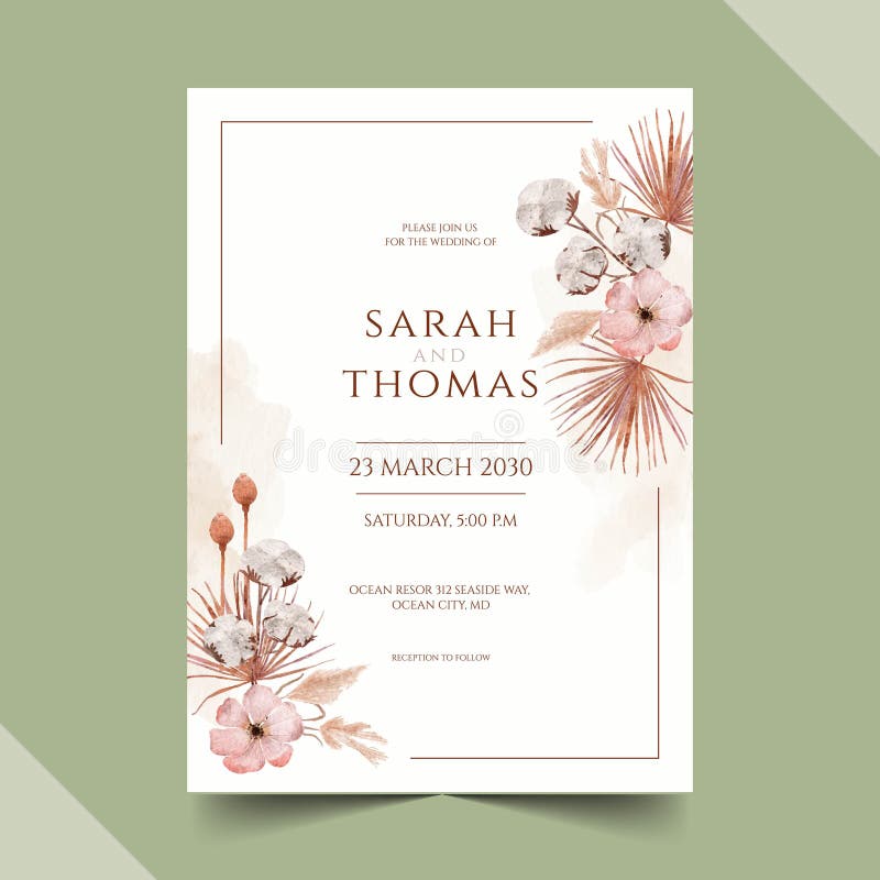 Watercolor Boho Wedding Invitation Vector Design Illustration Stock ...