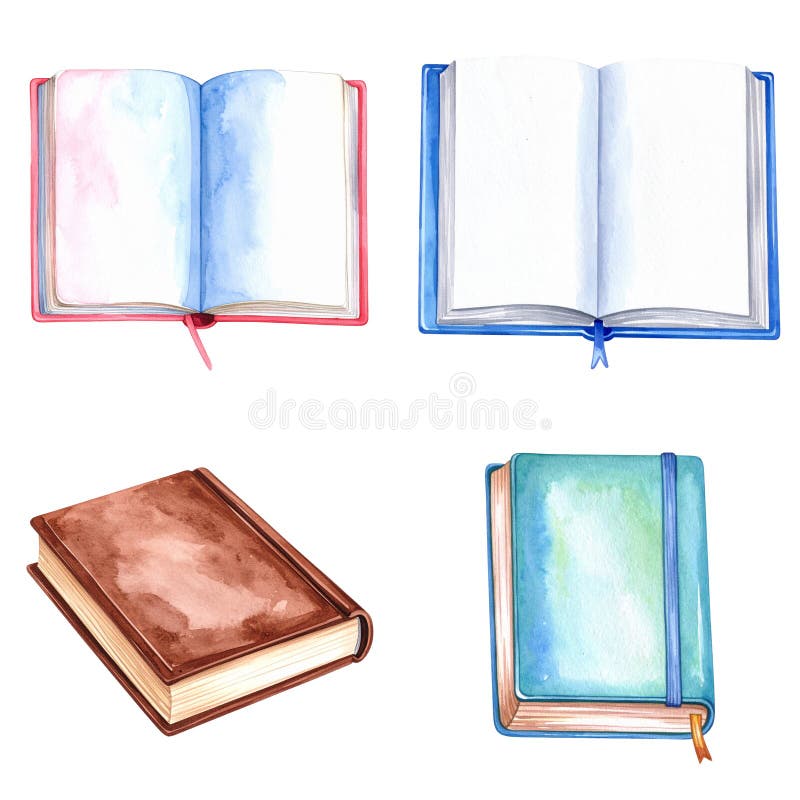 Watercolor Books Set: Open and Closed Books in Red, Blue, Brown, and ...