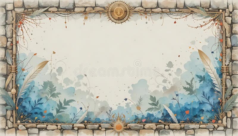 Watercolor Border with Floral Elements and Stone Frame Design Stock ...
