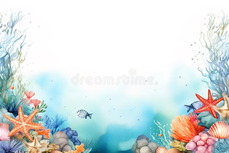 Watercolor Border Frame with Underwater Elements, with Fish Algae and ...