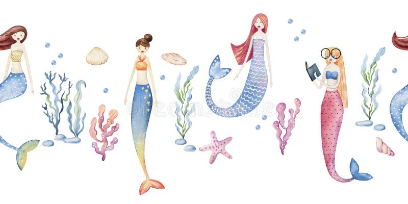 Watercolor Border with Mermaids. Stock Illustration - Illustration of ...