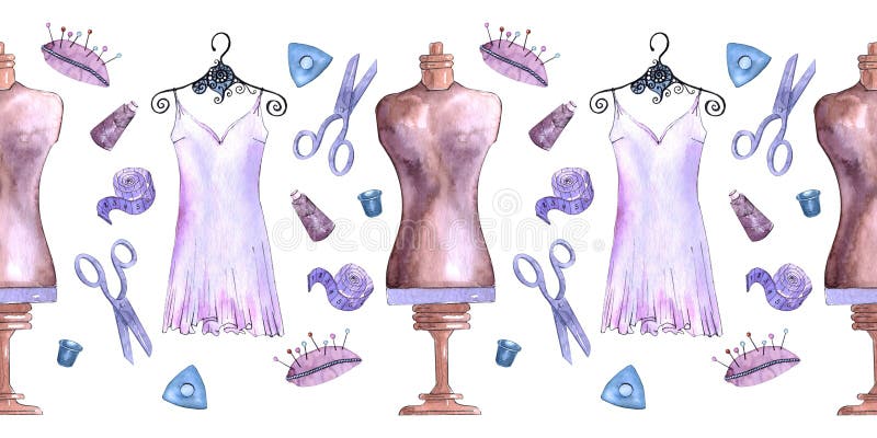 Watercolor Border with Sewing Accessories and Attributes. Parts and ...